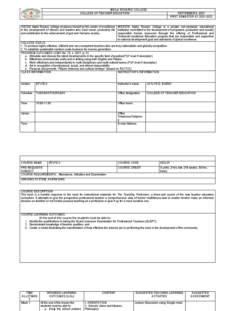 EDU 31 SYLLABUS New | PDF | Teachers | Learning