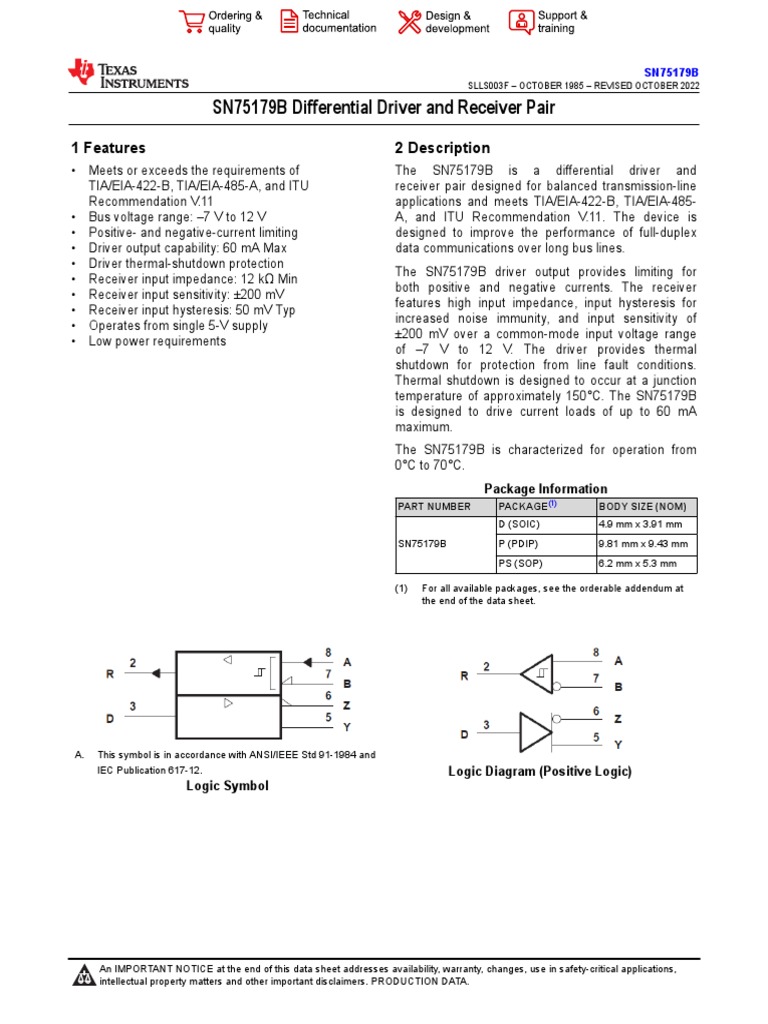 SN75179B Differential Driver and Receiver Pair: 1 Features 2 ...