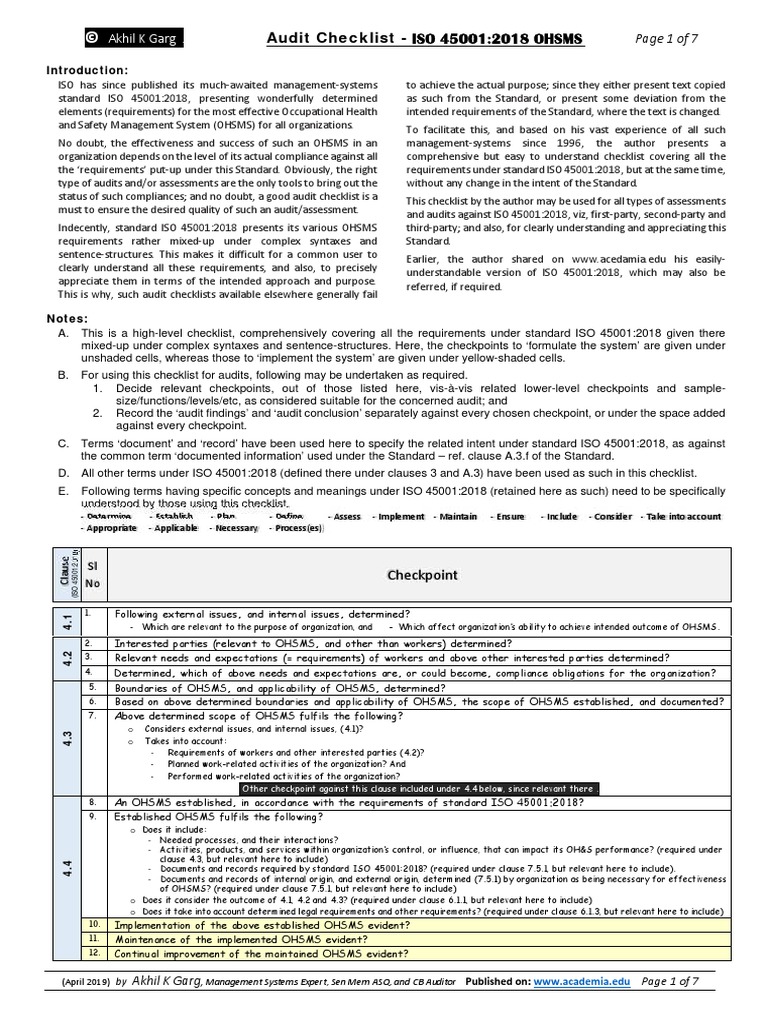 ISO 45001 2018 OHSMS Audit Checklist | PDF | Occupational Safety And ...