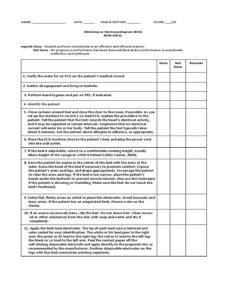 Obtaining An ECG Checklist | PDF | Electrocardiography | Clinical Medicine