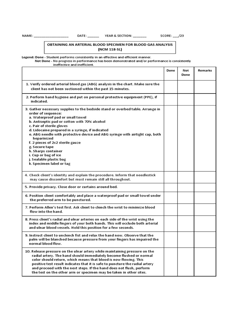 SACI - Obtaining An ABG Sample Checklist | PDF | Hand | Syringe
