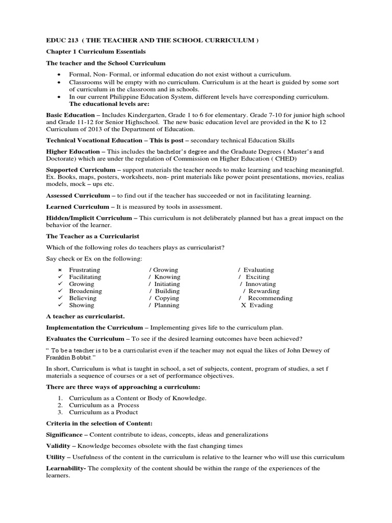 Educ 213 The Teacher and The School Curriculum Reviewer | PDF ...