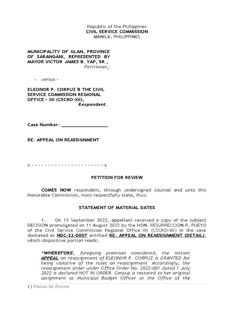 Petition for Review of Decision Granting Appeal on Reassignment of Municipal Budget Officer ...