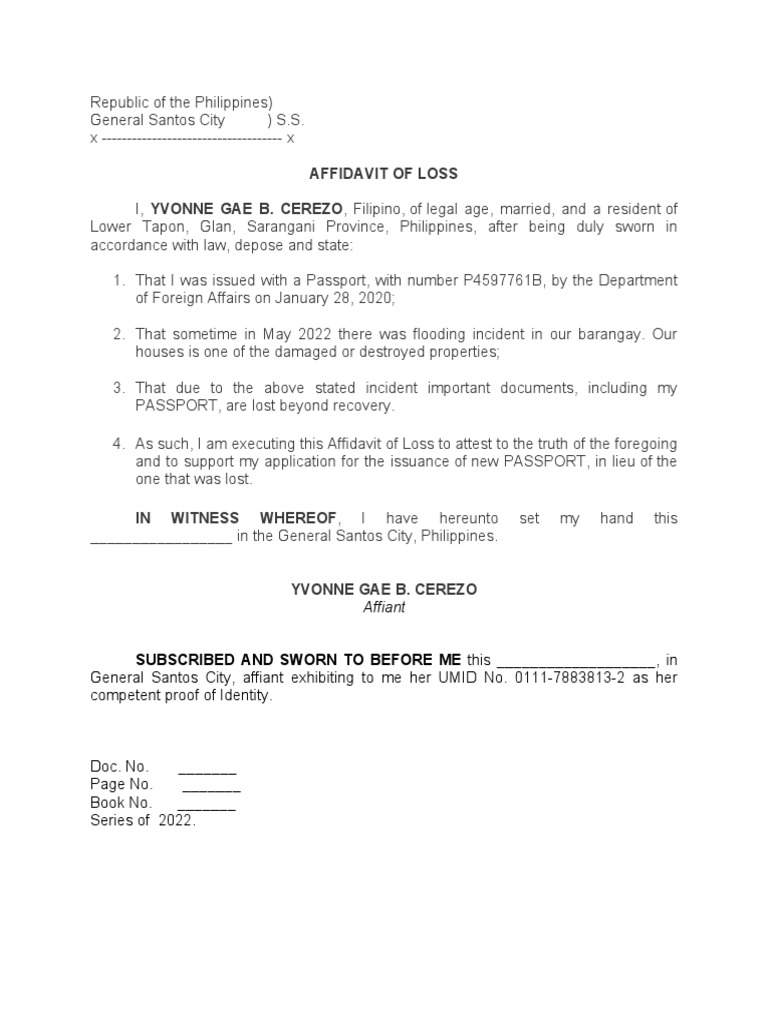 Affidavit of Loss - Passport | PDF | Social Science | Law