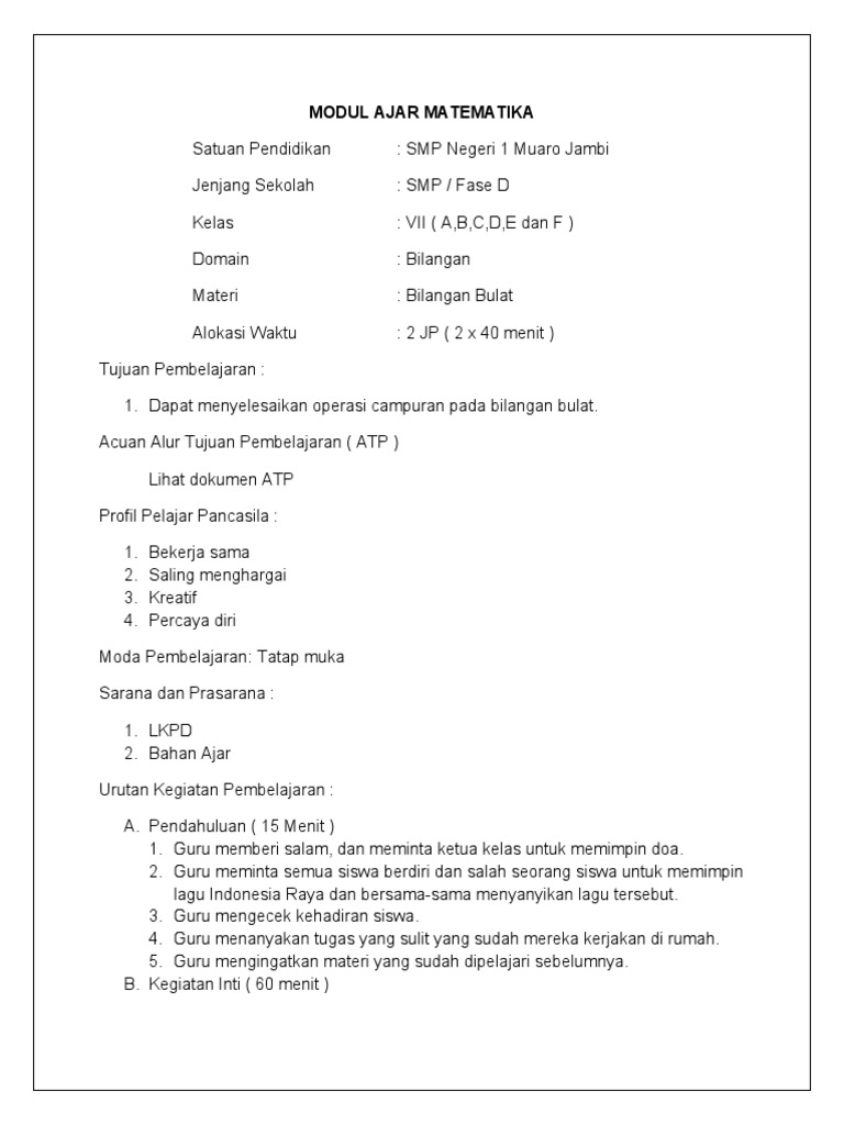 Modul Ajar Lanjutan Opreasi Campuran Bilangan Bulat | PDF