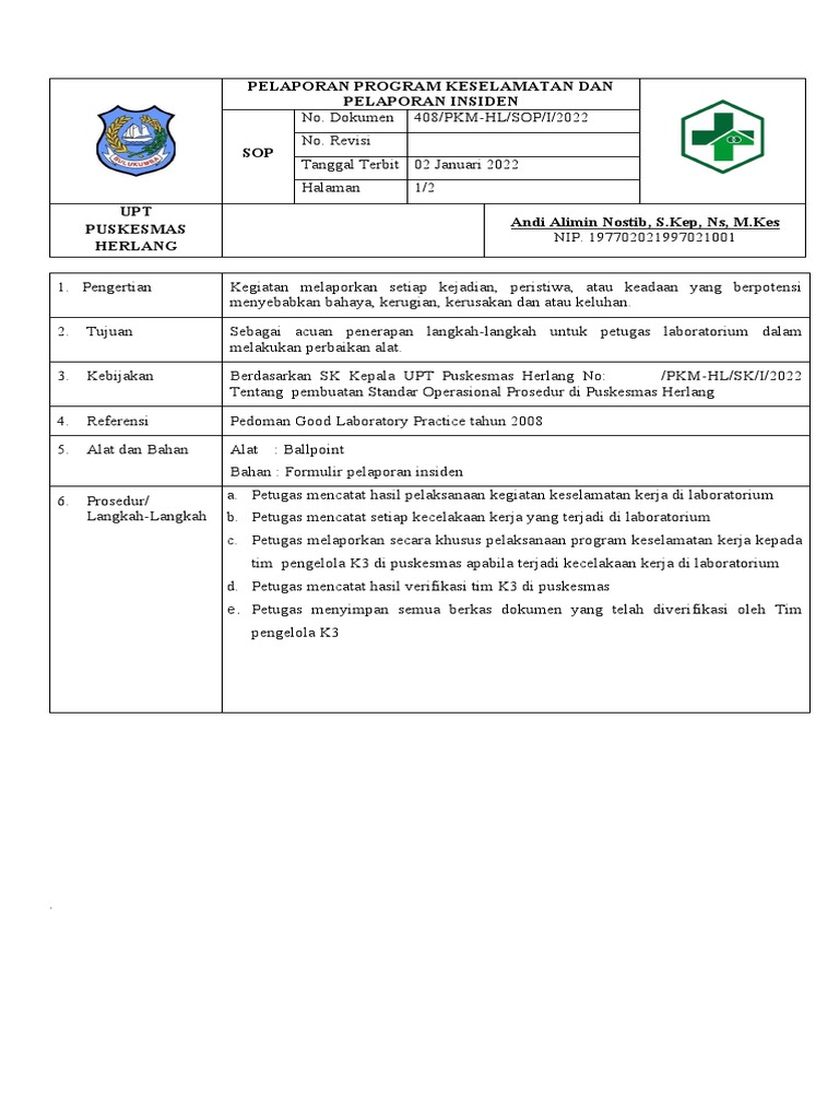 Sop Pelaporan Program Keselamatan Dan Pelaporan Insiden | PDF
