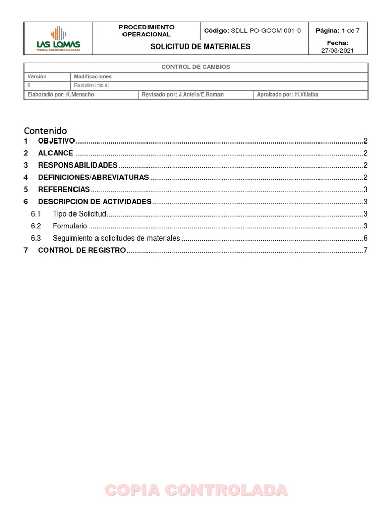 Sdll-Po-Gcom-001-0 Solicitud de Materiales - Copia Controlada | PDF ...