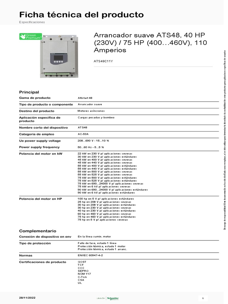 Arrancador Suave ATS48: Especificaciones y Certificaciones | PDF | Cantidades fisicas ...