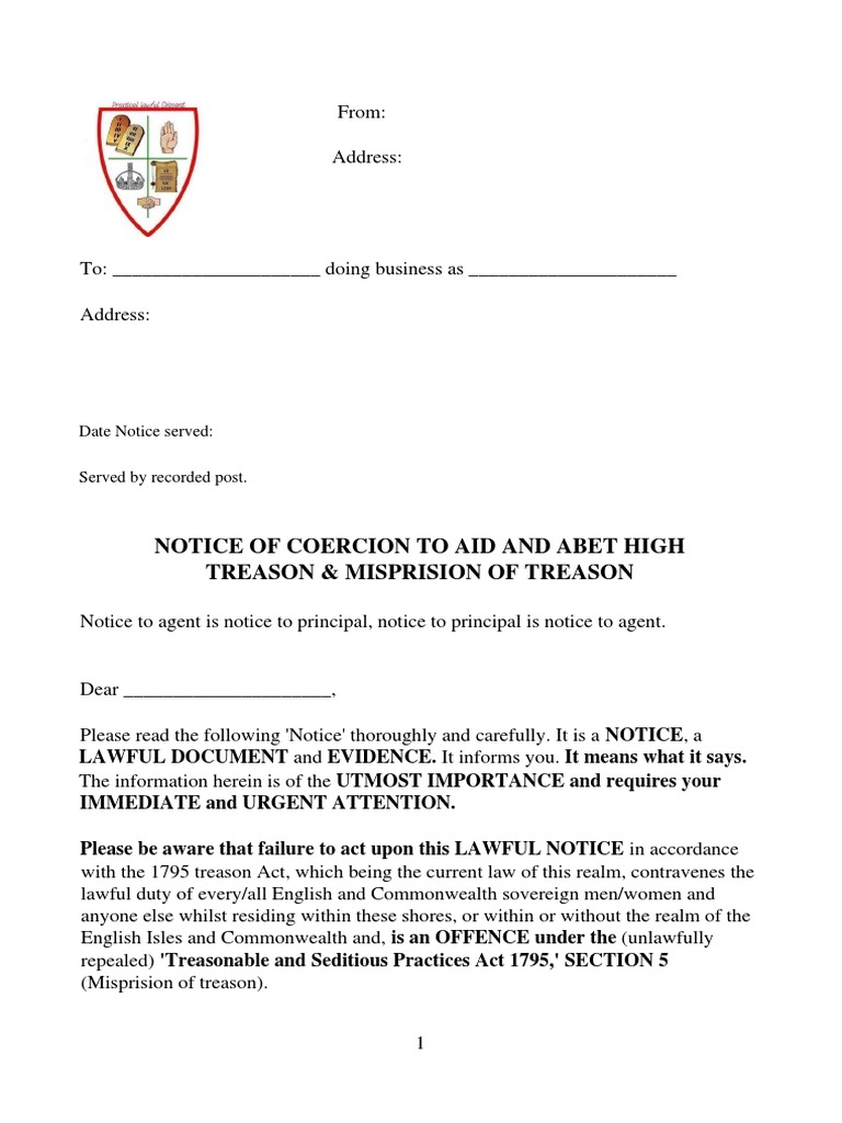 Notice of Coercion To Aid and Abet High Treason (Notice 4) | PDF ...