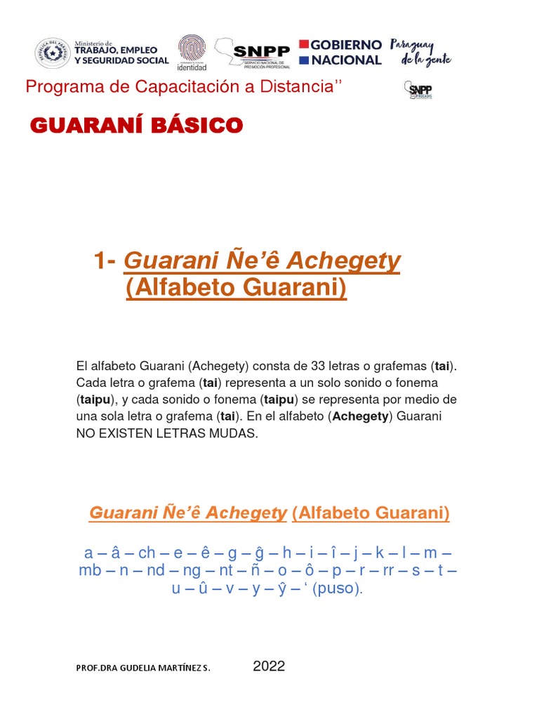 CURSO GUARANÍ BÁSICO TEMA 1 ALFABETO Actualizado (22 | PDF ...