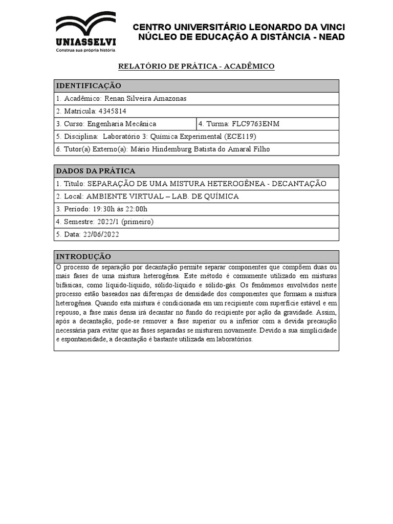 Decantação | PDF | Mistura | Ciências Físicas