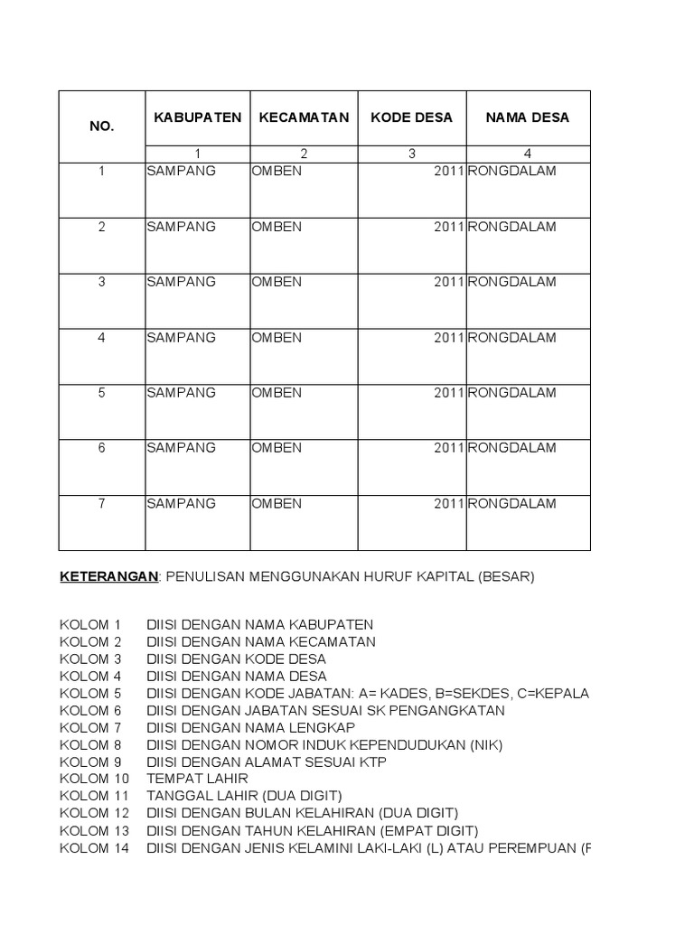 FORMAT PENDATAAN APARATUR PEMDES - DESA rONGDALAM | PDF