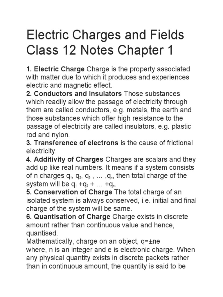 Electric Charges and Fields Class 12 Notes Chapter 1 | PDF | Electric ...