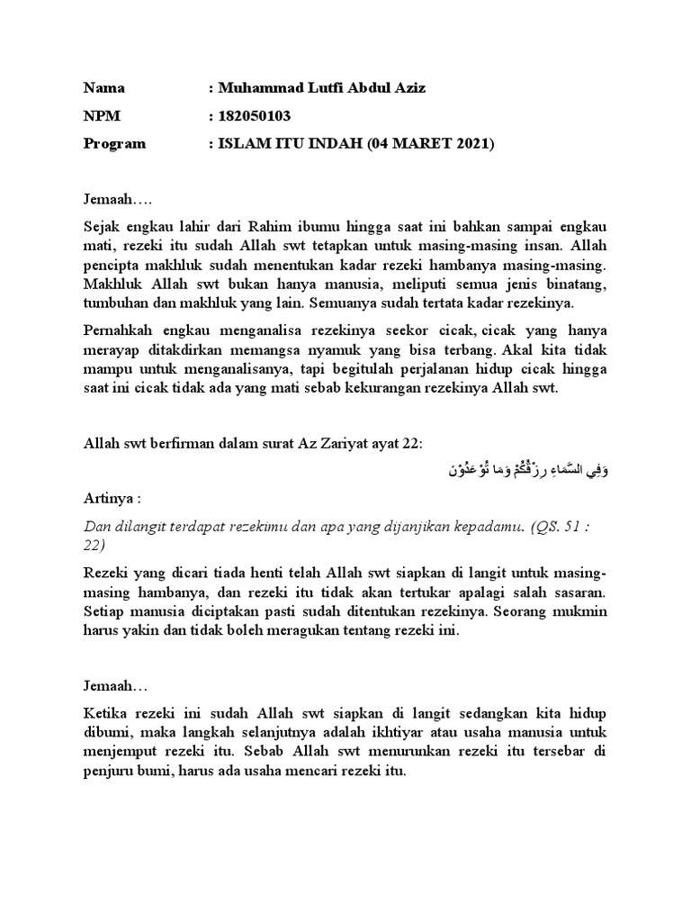 T2 Muhammad Lutfi Abdul Aziz 182050103 MDA ILKOMUNPAS | PDF | Agama ...