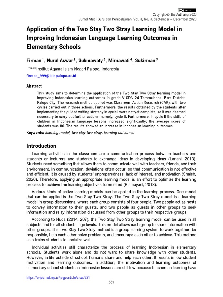 Application of The Two Stay Two Stray Learning Model in Improving ... Application of The Two Stay Two Stray Learning Model in Improving ...