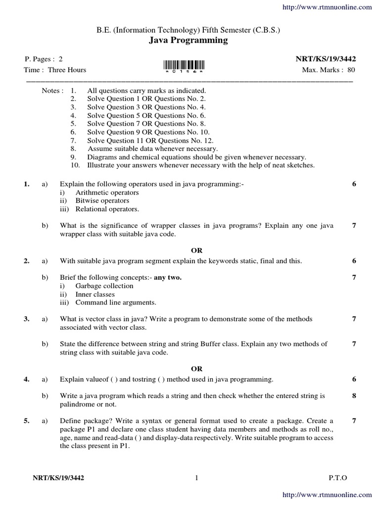 It 5 Sem Java Programming 3442 Summer 2019 Pdf Java Programming Language Class Computer
