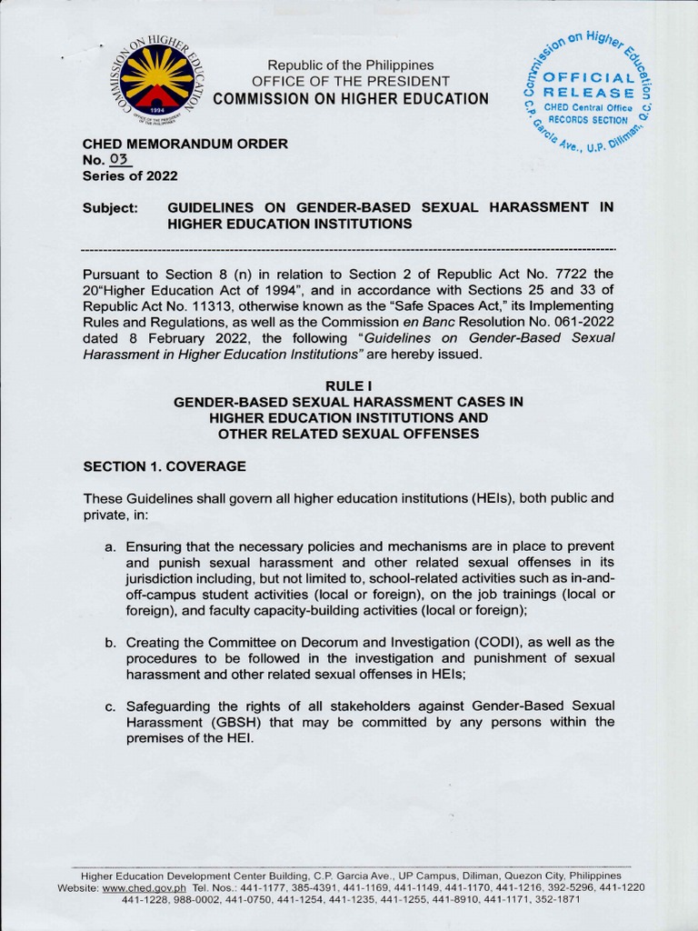 CMO No. 3 s2022 Gender Based Sexual Harrassment | PDF
