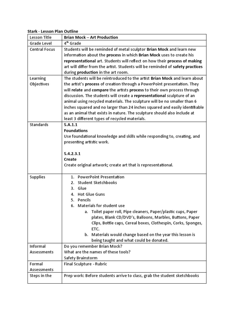 Brian Mock Art Lesson Plan | PDF | Adhesive | Sculpture