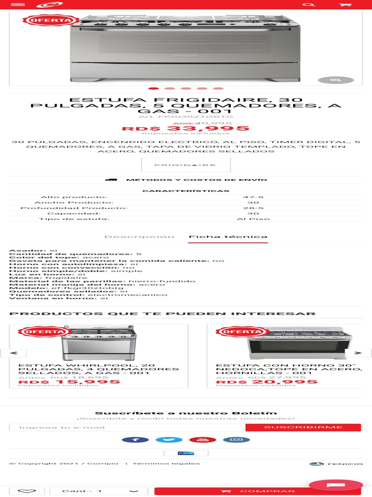 Estufa Frigidaire, 30 Pulgadas, 5 Quemadores, A Gas - 001 - Corripio | PDF