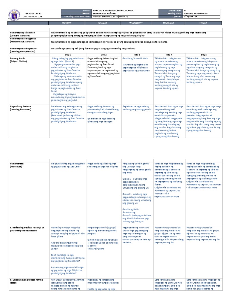 DLL - Araling Panlipunan 6 - Q1 - W1 | PDF