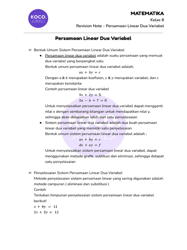 Revision Note Matematika Kelas 8 Persamaan Linear Dua Variabel | PDF | Metode & Bahan Ajar