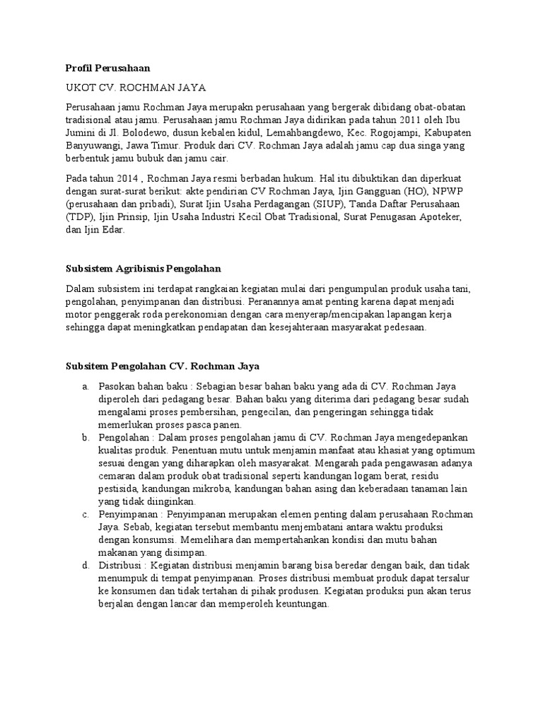 Profil CV. Rochman Jaya dan Produknya | PDF