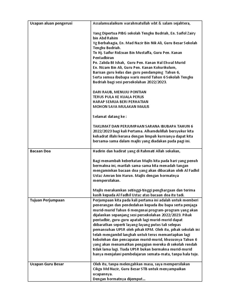 Skrip MC Perjumpaan Ibubapa t6 | PDF