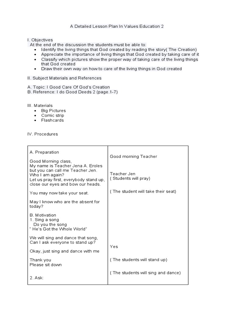 Values Education Lesson Plan: God's Creation | PDF | Lesson Plan | Heaven