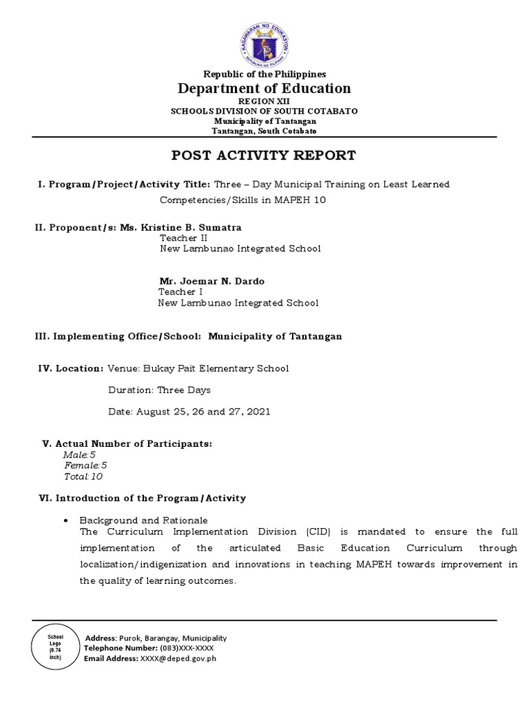 Post-Activity-Report-Mapeh 10 | PDF | Curriculum | Cognition