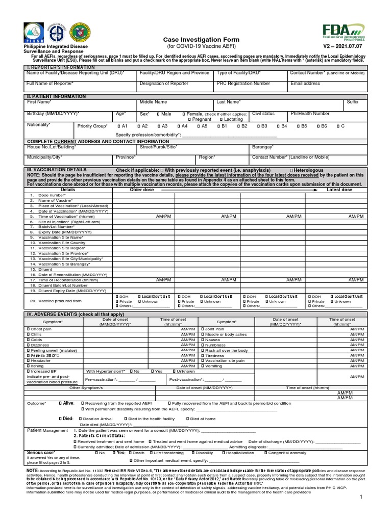 AEFI CIF V2 Printable | PDF | Medical Diagnosis | Health Care