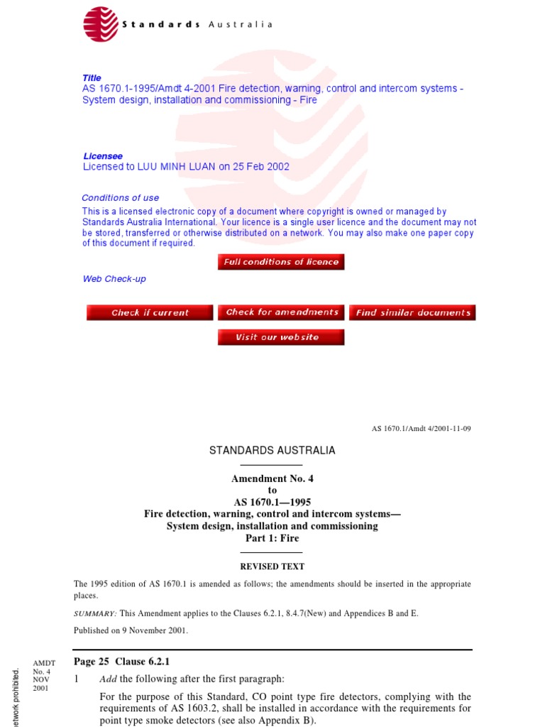 AS 1670.1-1995 Amdt 4-2001 Fire Detection, Warning, Control | PDF ...