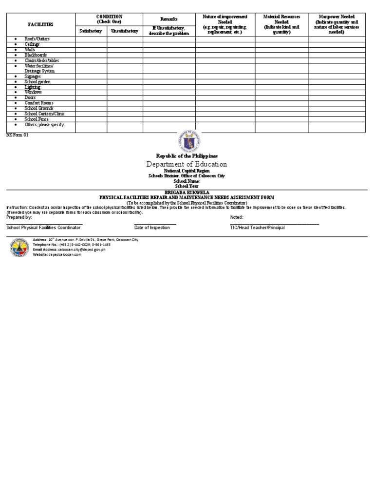 Be Form 1 - Physical Facilities Repair and Maintenance Needs Assessment Form | PDF