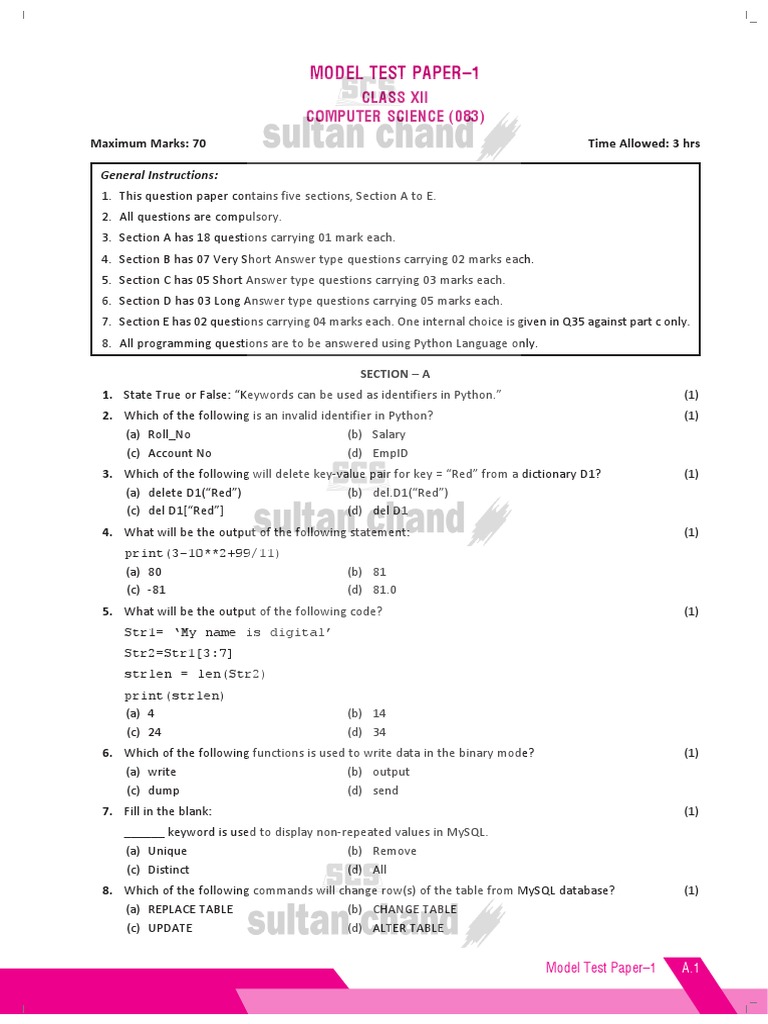 Class 12 Computer Science Model Paper | PDF | Databases | Computer ...
