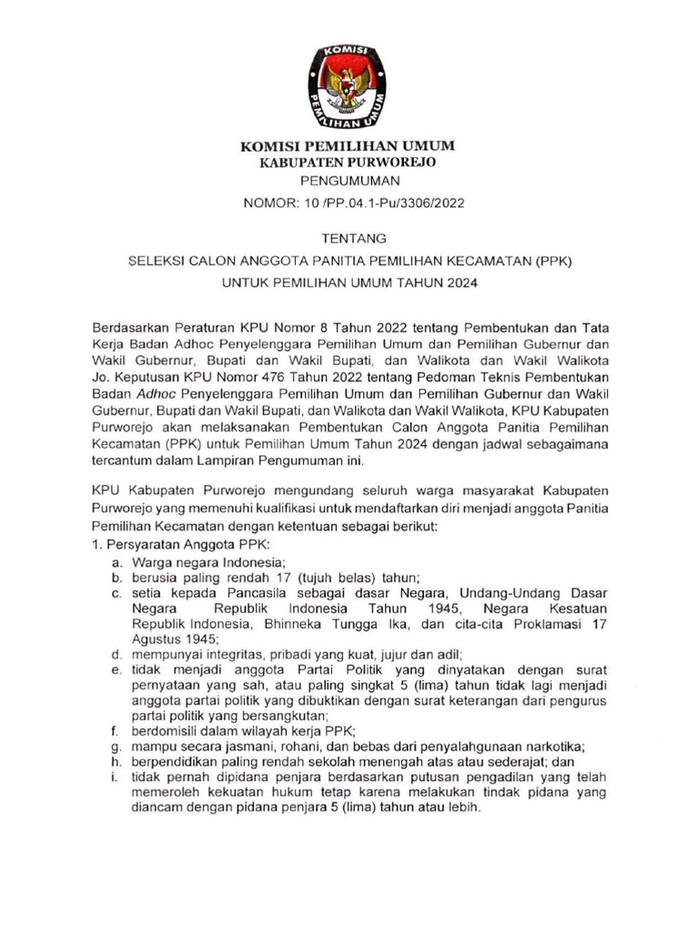 Pengumuman Seleksi Calon Anggota Panitia Pemilihan Kecamatan PPK Untuk Pemilihan Umum Tahun 2024 ...