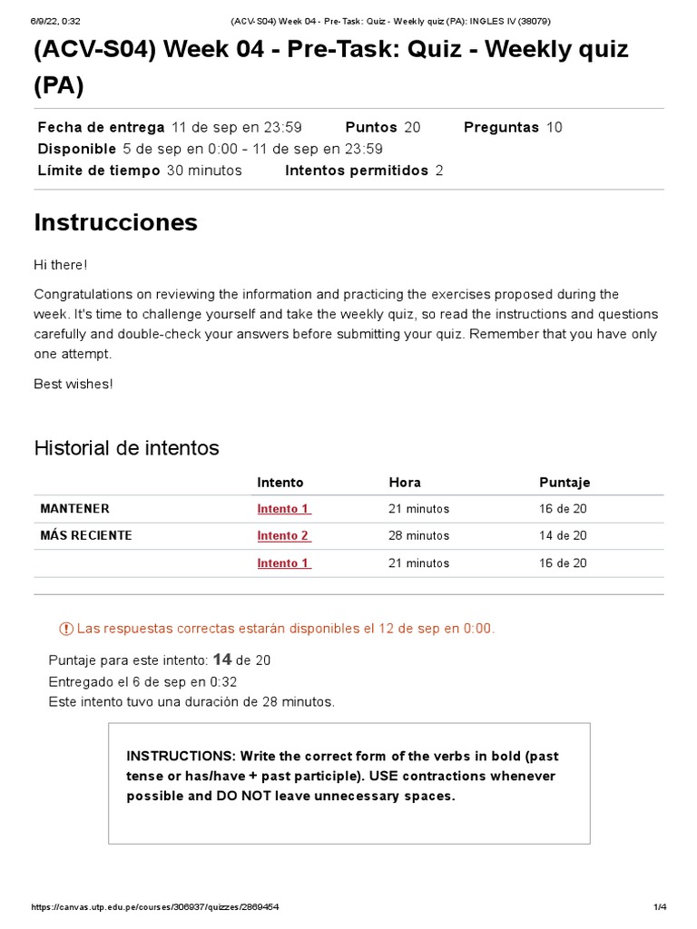 (ACV-S04) Week 04 - Pre-Task - Quiz - Weekly Quiz (PA) - INGLES IV (38079) Segundo Intento | PDF ...