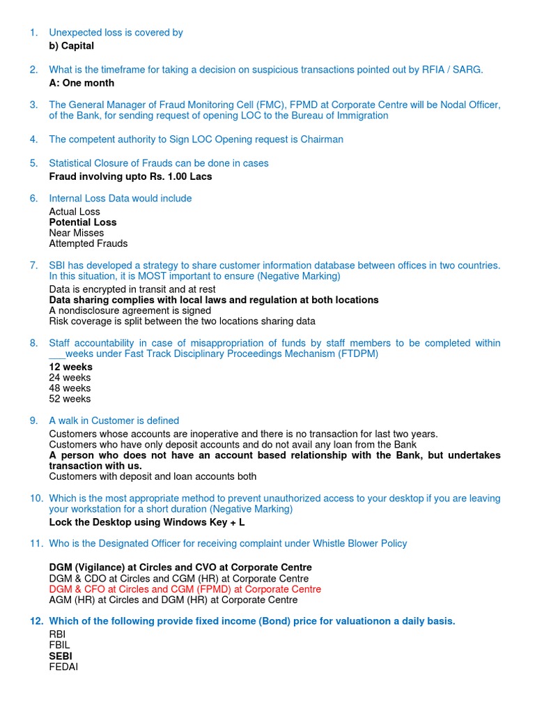 Answer Key Risk Awareness Quiz Pdf Banks Risk
