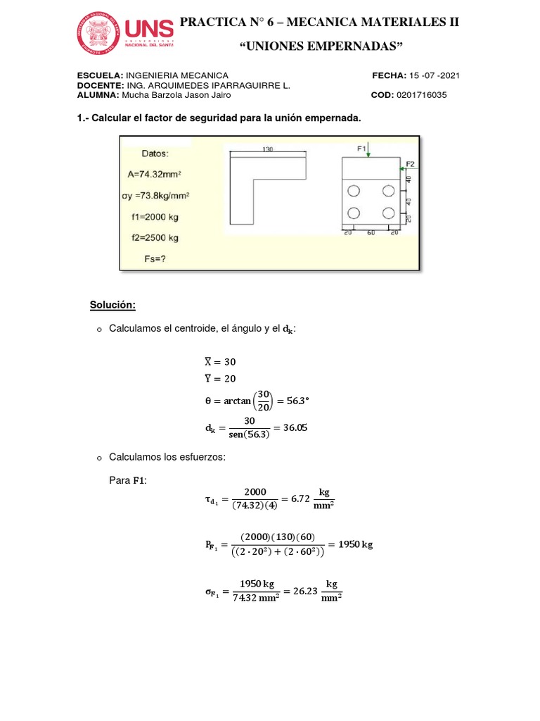 Mucha Barzola - Practica N°6 - Mec. de Materiales 2 | PDF | Ingeniería mecánica | Física ...