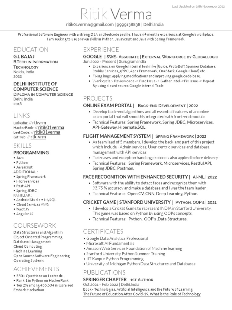 Ritik Verma's Professional Software Engineer Resume | PDF | Spring ...