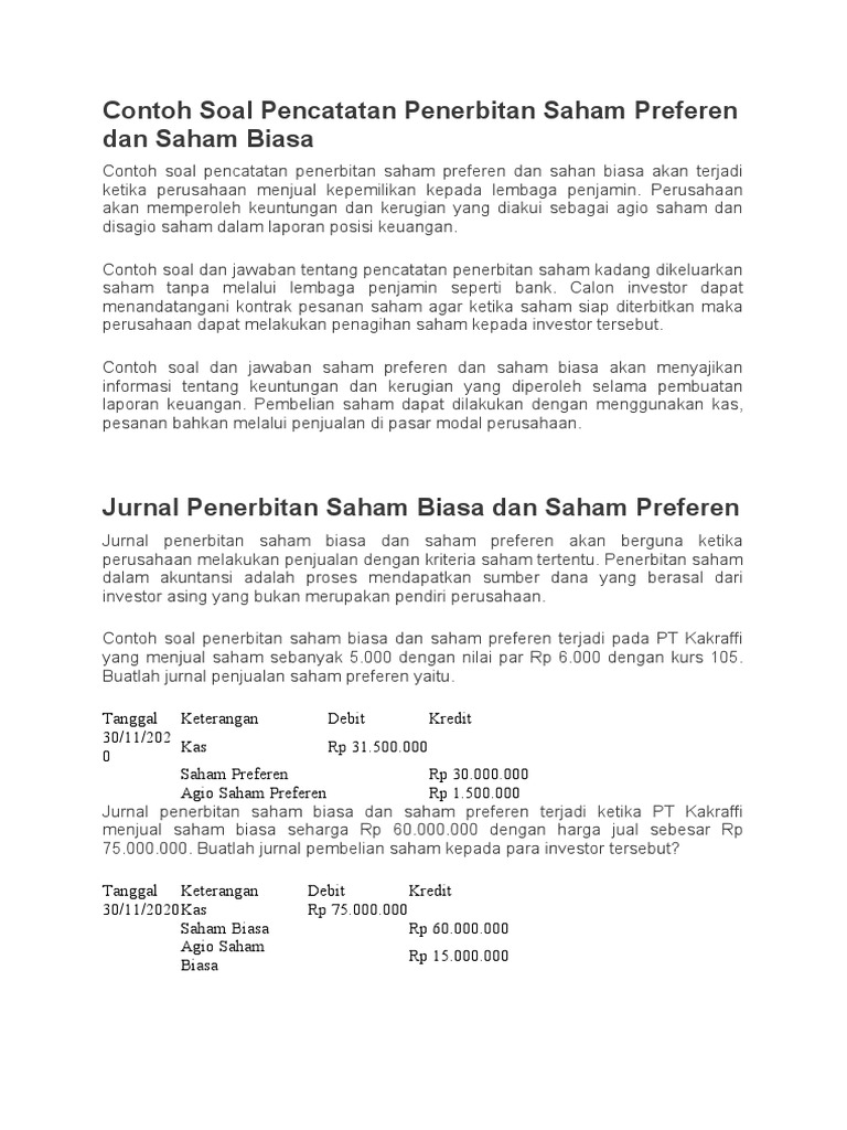Contoh Soal Pencatatan Penerbitan Saham Preferen Dan Saham Biasa | PDF Contoh Soal Pencatatan Penerbitan Saham Preferen Dan Saham Biasa | PDF