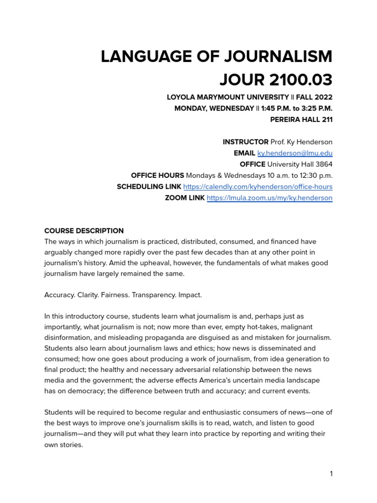 JOUR 2100.03 Language of Journalism Syllabus Fall 2022 | PDF ...