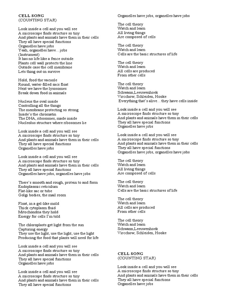 Cell Song | PDF | Cell (Biology) | Organelle