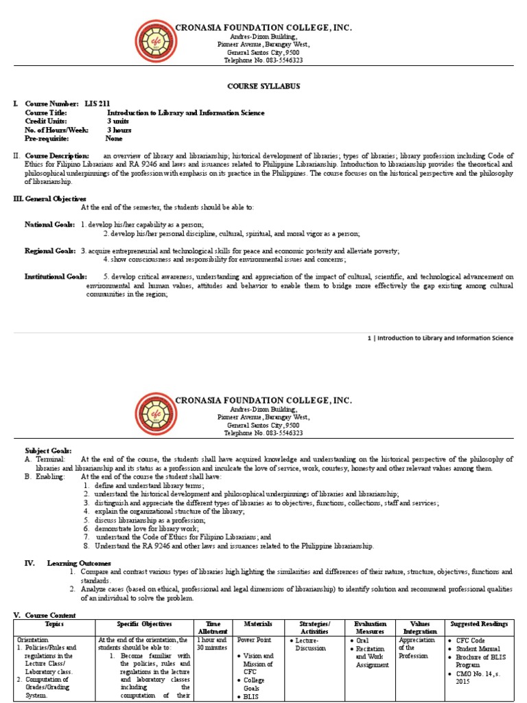 LIS 1 Syllabus - Introduction To Library and Information Science ... LIS 1 Syllabus - Introduction To Library and Information Science ...