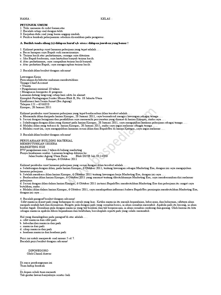 Data Soal BHS Indonesia Kelas 12 | PDF | Karier & Perkembangan