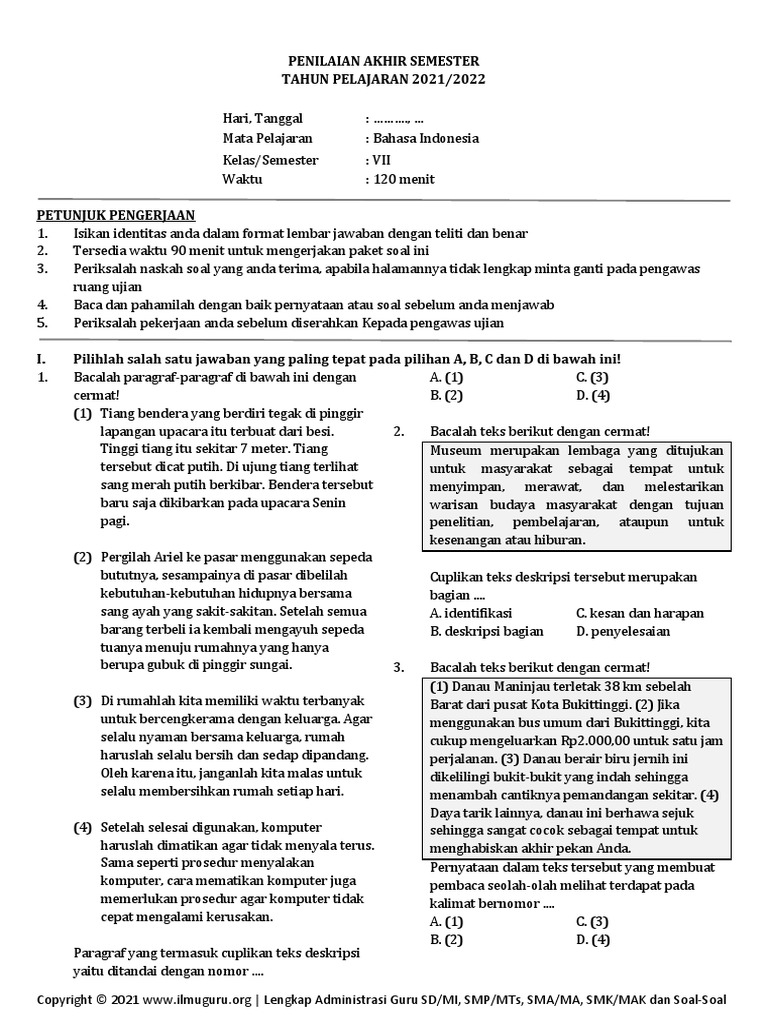Soal PAS Bahasa Indonesia Kelas VII Semester 1 | PDF
