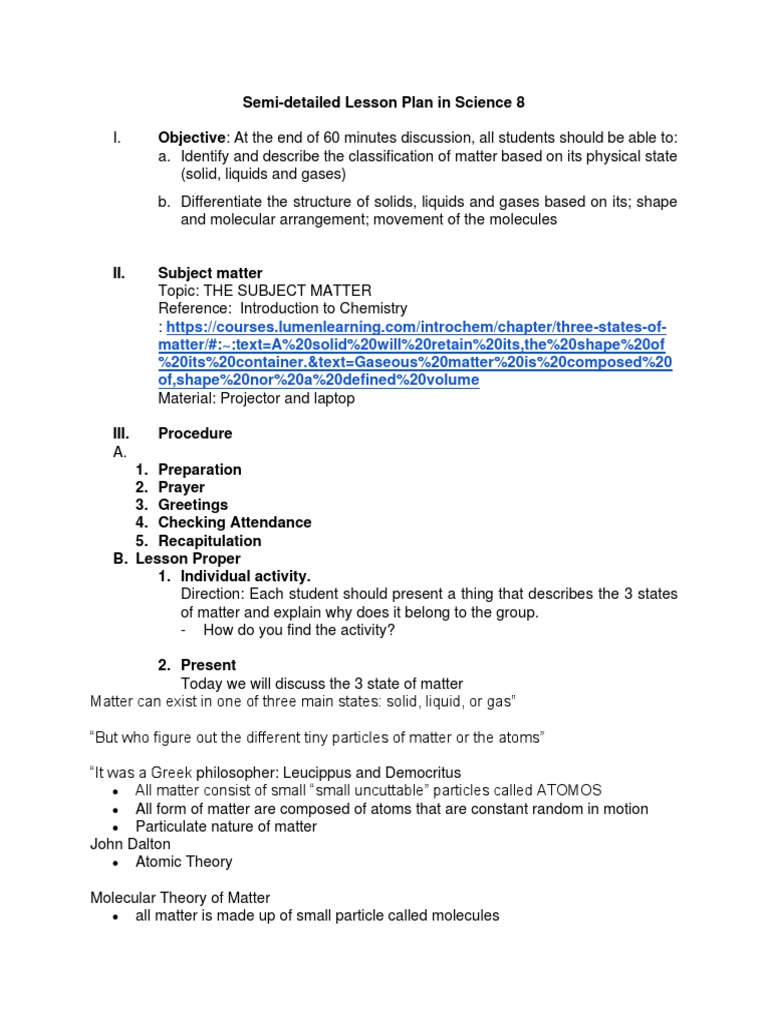 Sample of Semi-Detailed Lesson Plan | PDF | Gases | Matter