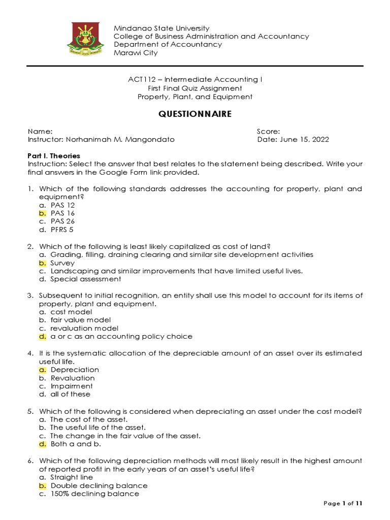 1st Final Quiz Assignment Questionnaire | PDF | Depreciation | Fixed Asset