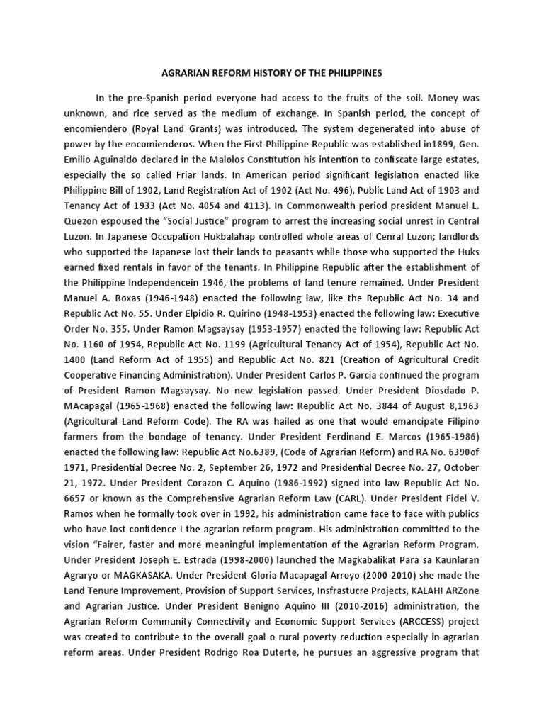 Agrarian Reform History of The Philippines | PDF | Philippines | Government