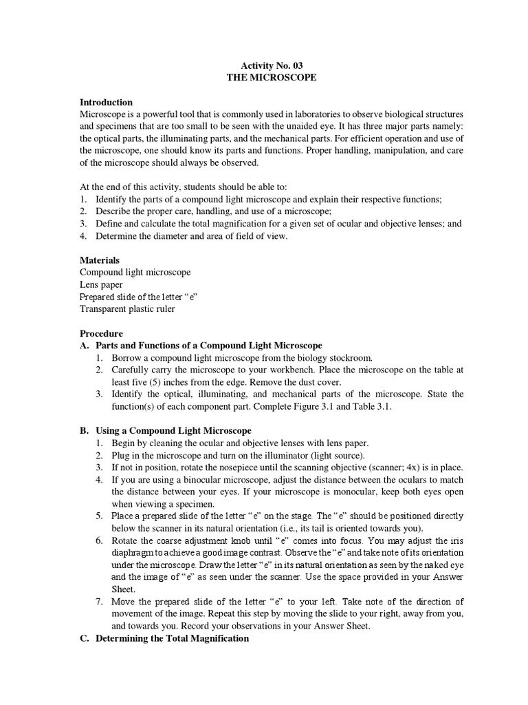 Bio101 Lab Activity 03 - The Microscope | PDF | Microscope | Field Of View