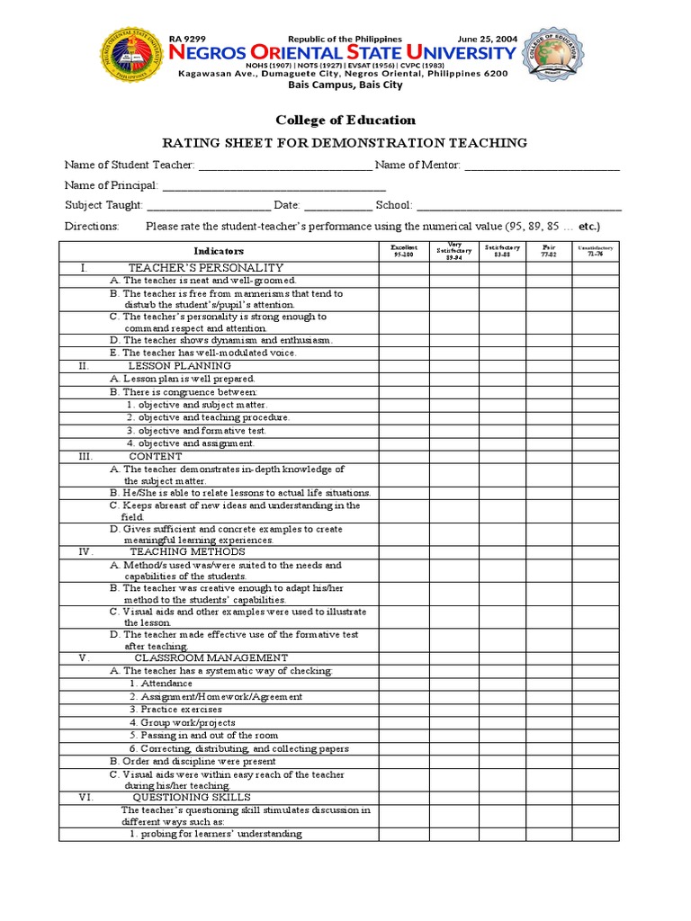 2022 Rating Sheet For Demo Teaching | Download Free PDF | Teachers | Teaching Method