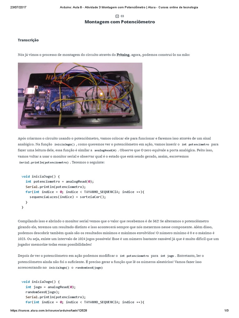 Arduino - Aula 8 - Atividade 3 Montagem Com Potenciômetro - Alura - Cursos Online de Tecnologia ...